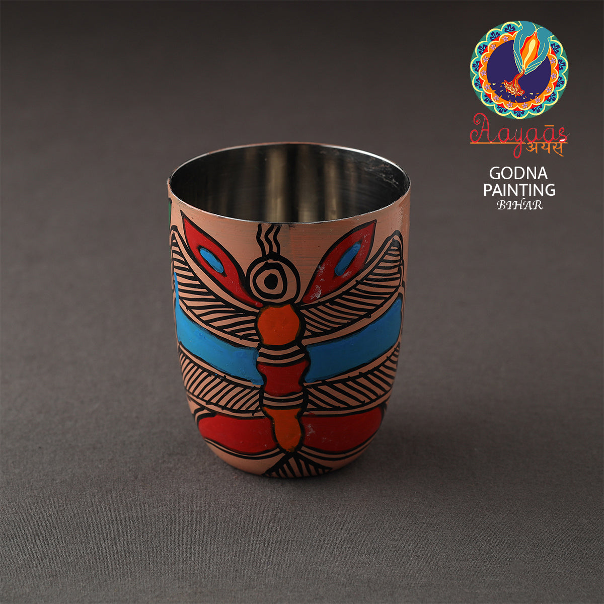 Brown - Godna Madhubani Handpainted Stainless Steel Glass
