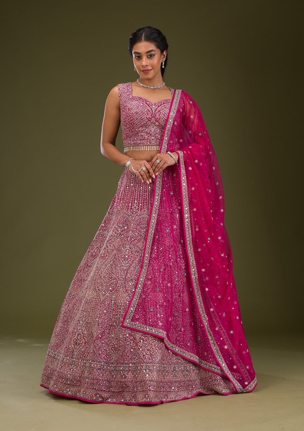 Rani Pink Threadwork Net Readymade Lehenga